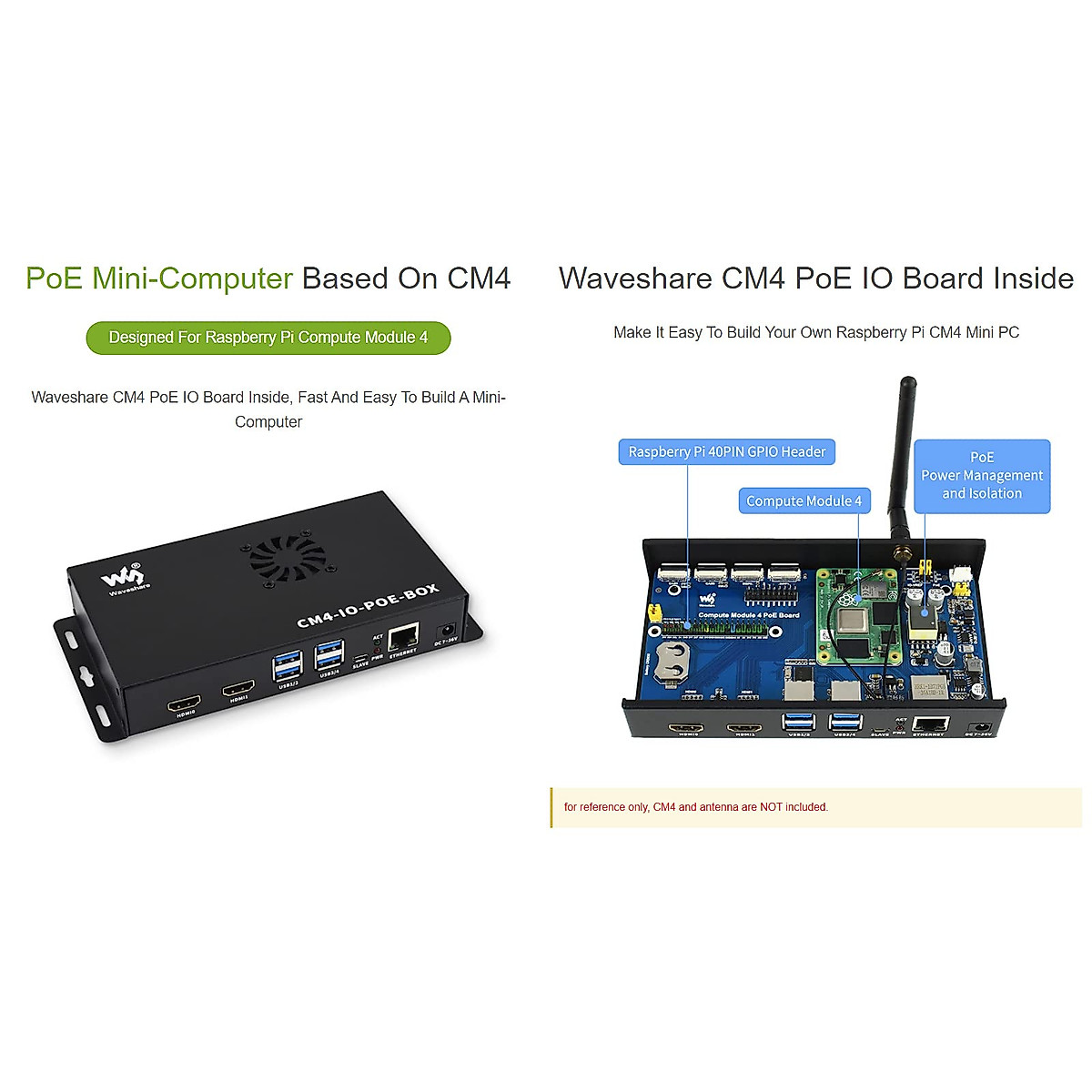 Waveshare PoE Mini-Computer Based On Raspberry Pi Compute Module 4 (NOT Included) Waveshare CM4 PoE IO Board Inside Metal Case with Cooling Fan
