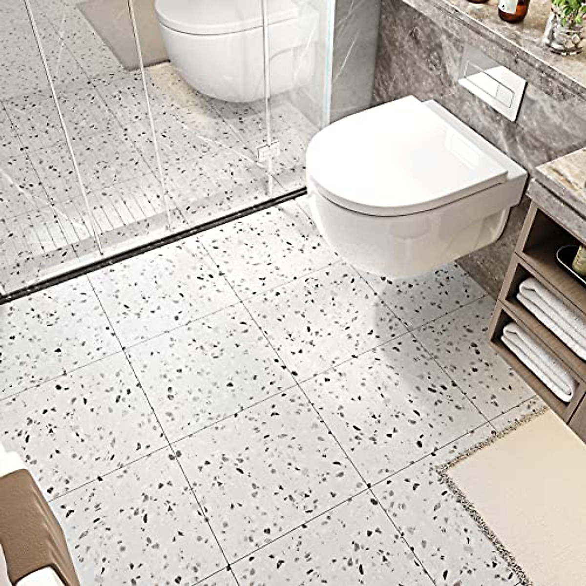 FunStick 30 Pack Peel and Stick Floor Tile Bathroom Flooring 12x12 In Thick Grey Floor Tiles Peel and Stick Waterproof Self Adhesive Terrazzo Vinyl Flooring Tiles for Kitchen Bedroom Laminate Flooring