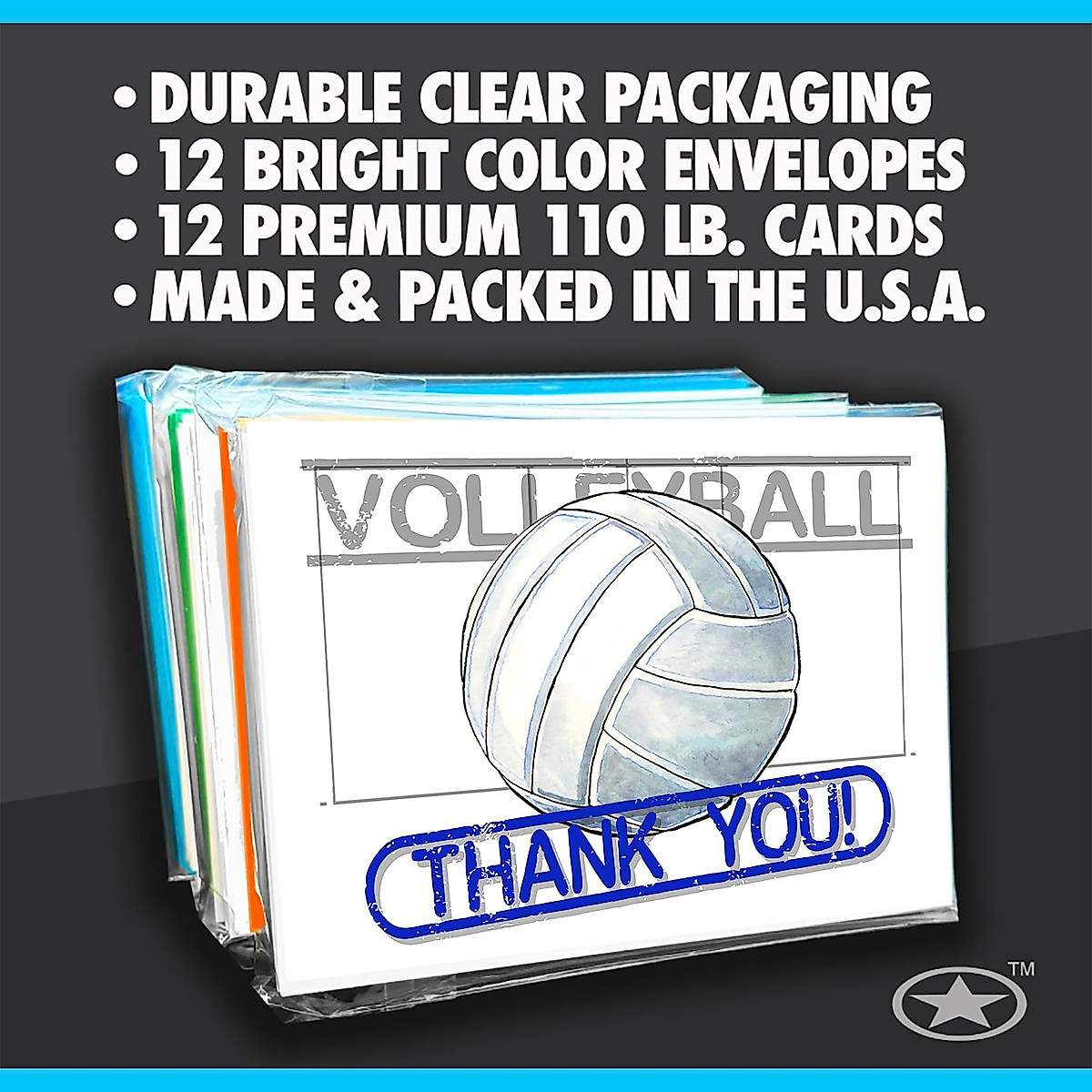 Play Strong Volleyball Thank You Note Cards 12-Pack (4.25"x5.5") Illustrated Sports Powercard Note Card Set 12-Pack Perfect for Volleyball Players, Coaches, Fans and Fanatics - They'll Love 'Em!