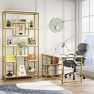 Tribesigns 71" Gold Etagere Bookshelf, Modern 11-Tier Tall Open Display Bookcase Bookshelves, Free Standing Book Shelf for Living Room, Bedroom, Home Office, Gold & White