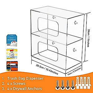 SEANADO Trash Bag Dispenser Roll Holder, 2 Compartment Wall Mount Acrylic Kitchen Double Side Loaded Organizer Storage Box Holder for Garbage Bag Grocery Bag Plastic Bag(10.4 x 5.5 x 11inches)