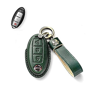 SANRILY 3-Button Leather Key Fob Cover for Nissan Armada Rogue Murano Cube 370Z Leaf Juke Quest Keyless Remote Key Protective Case with Lucky Cat Key Ring Green