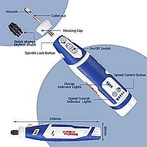 APEXFORGE M8 Cordless Rotary Tool, 8V 2.0Ah Rechargeable Battery, 5-Speed 5000-30000RPM, Keyless Chuck, 101Pcs Accessories, Shield Attachment, Long Endurance Power, Ideal for Sanding,Grinding,Cutting