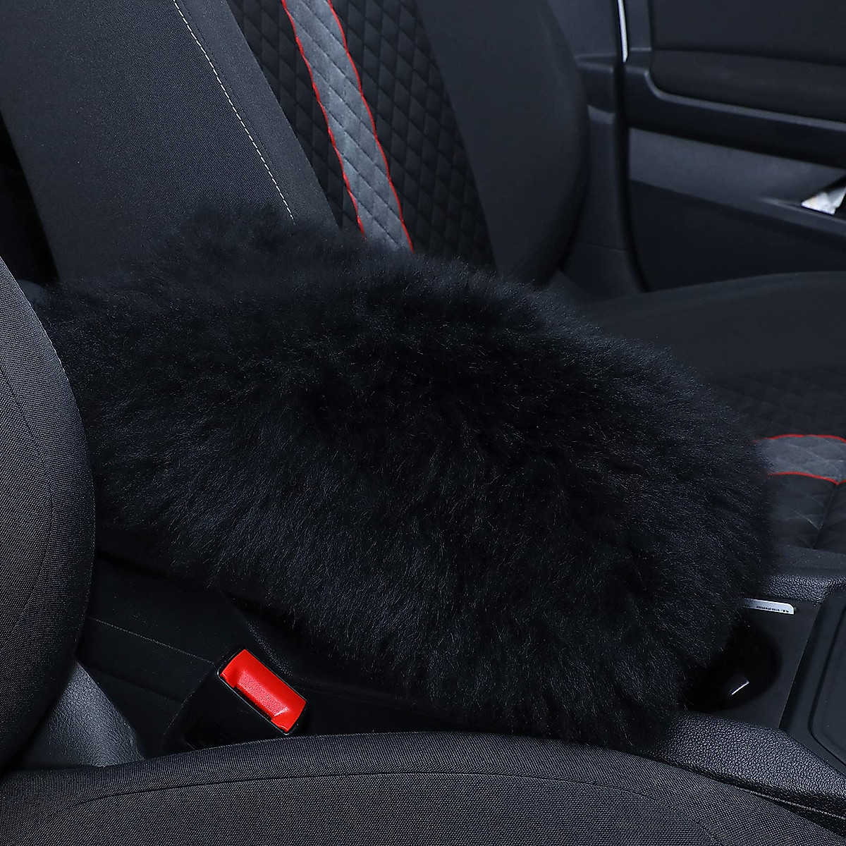 Frienda Furry Armrest Cover Auto Center Armrest Cover Car Soft Console Pad, Real Sheepskin Wool Soft Fluffy Auto Center Console Cover for Most Car Decoration Protector (Black)