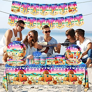 142pcs Sunset Beach Summer Tableware Set Beach Theme Party Decorations Palm Leaves Tropical Beach Banner,Tablecloth,Cups,Plates Napkins,Forks and Knives for Hawaiian Party,Swimming Pool Party,Birthday