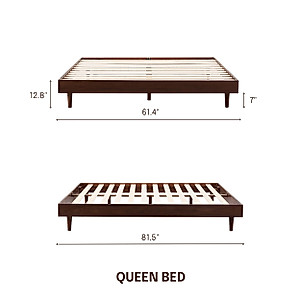 NTC Fly Wooden Bed Frame Without Headboard, Crafted from Walnut, Rubber Wood with Silent Slats and Wood Central Supports, 1000 Lb Capacity, Effortless Assembly, Queen - Dark Walnut