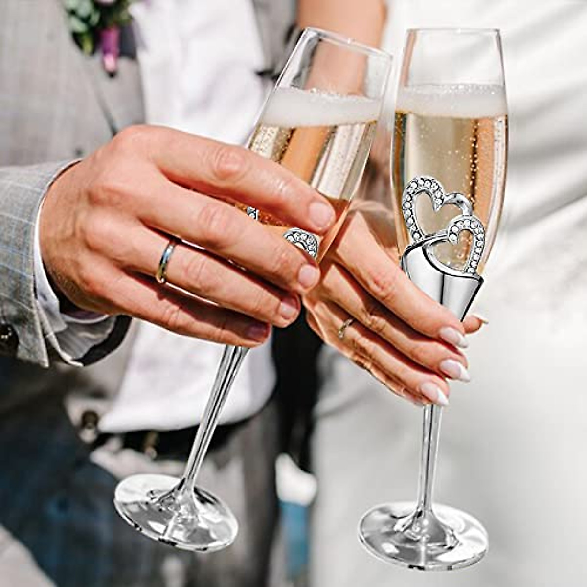 VARLKA Wedding Champagne Flutes and Cake Knife Server Set Wedding Gifts Toasting Glasses with Rhinestone Rimmed Hearts Decoration for Couple Bride and Groom, Cake Cutting Set of 4 for Wedding