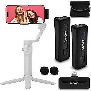 Movo Wireless Mini DI Duo Wireless Microphone for iPhone - iPhone Microphone for Video Recording with Clip on Lavalier Microphone for iPhone 10 HR Battery 164FT Range, Wireless Mic for iPhone
