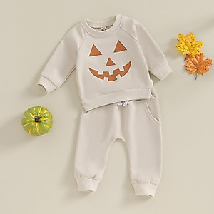 Toddler Baby Boy Halloween Clothes Long Sleeve Letter Sweatshirt Tops Stretch Jogger Pants Infant Fall Winter Outfit (Face Light Khaki, 18-24 Months)