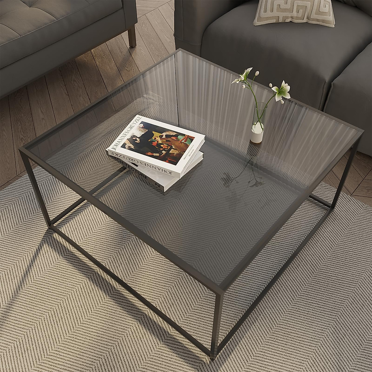 Glass Coffee Tables for Living Room Square Modern Center Table for Small Space,Tempered Glass-top with Sturdy Metal Frame Sofa Side End Table, Easy Assembly,26.4 x 26.4 x 15.7 Inches, Gray Black