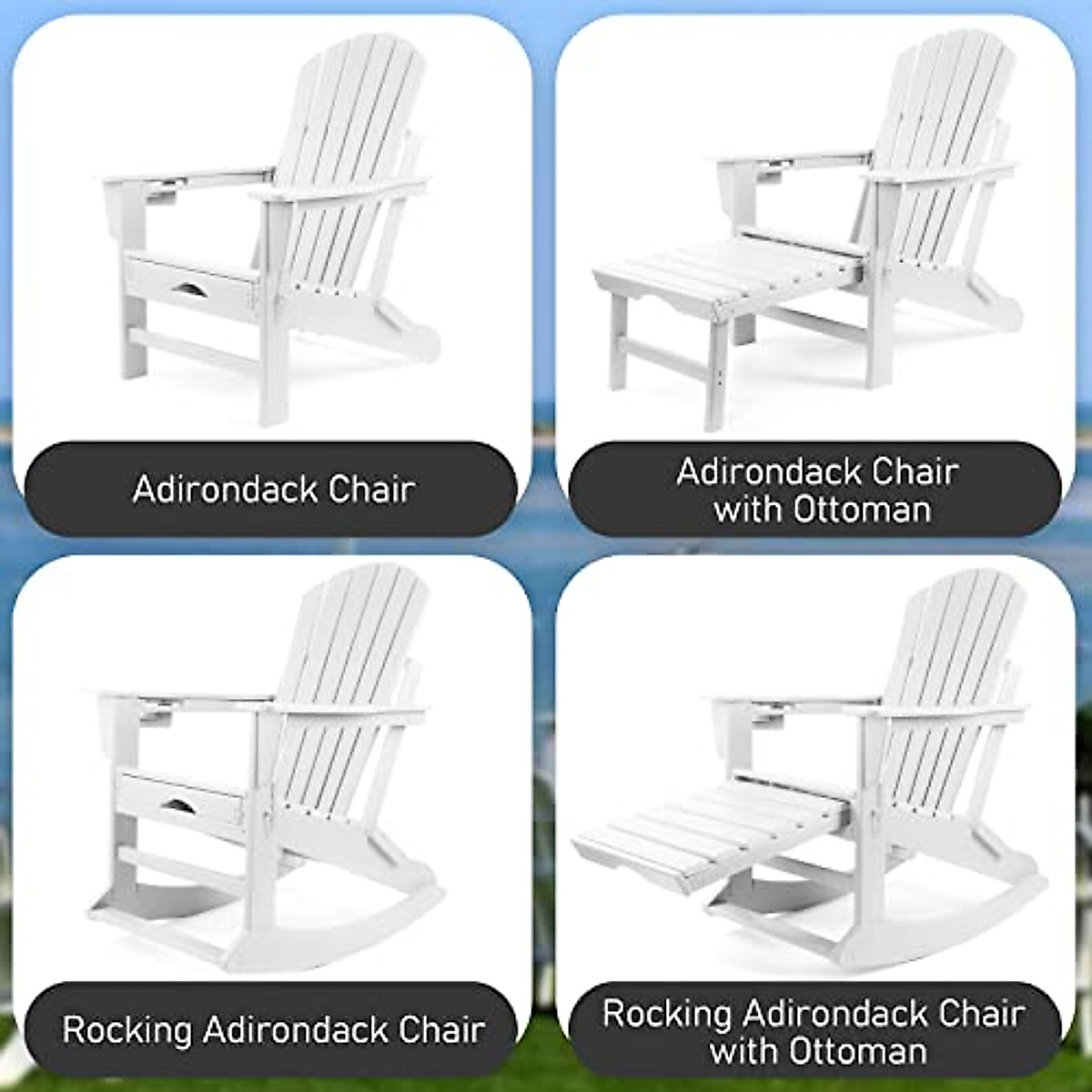 Adirondack Chair with Ottoman,Folding Adirondack Chairs,Rocking Adirondack Chair with Cup Holder,Adirondack Chairs Weather Resistant,Fire Pit Chairs,Plastic Adirondack Chairs for Adults,350 lbs