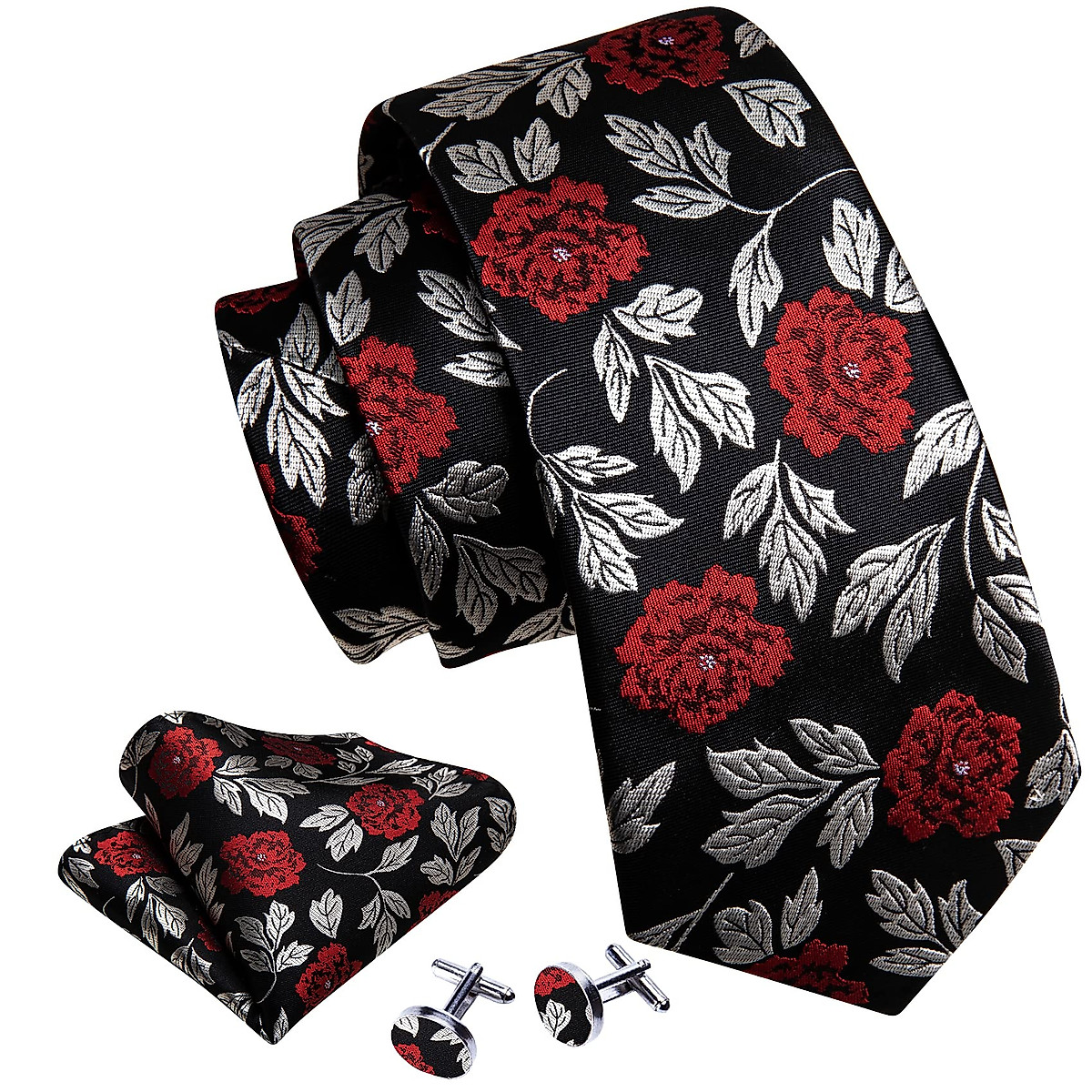 Barry.Wang Men's Classic Floral Necktie Set,Black Red,One Size