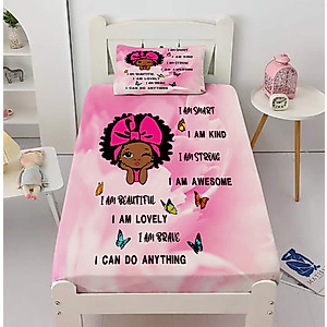 Black Girl Magic Bedding Sets Queen Size African American Girl Fitted Sheet Set Cute Little Afro Black Princess Bed Sheet Set for Girl Bedroom Room Decor (1 Fitted Sheet + 2 Pillowcases) Pink