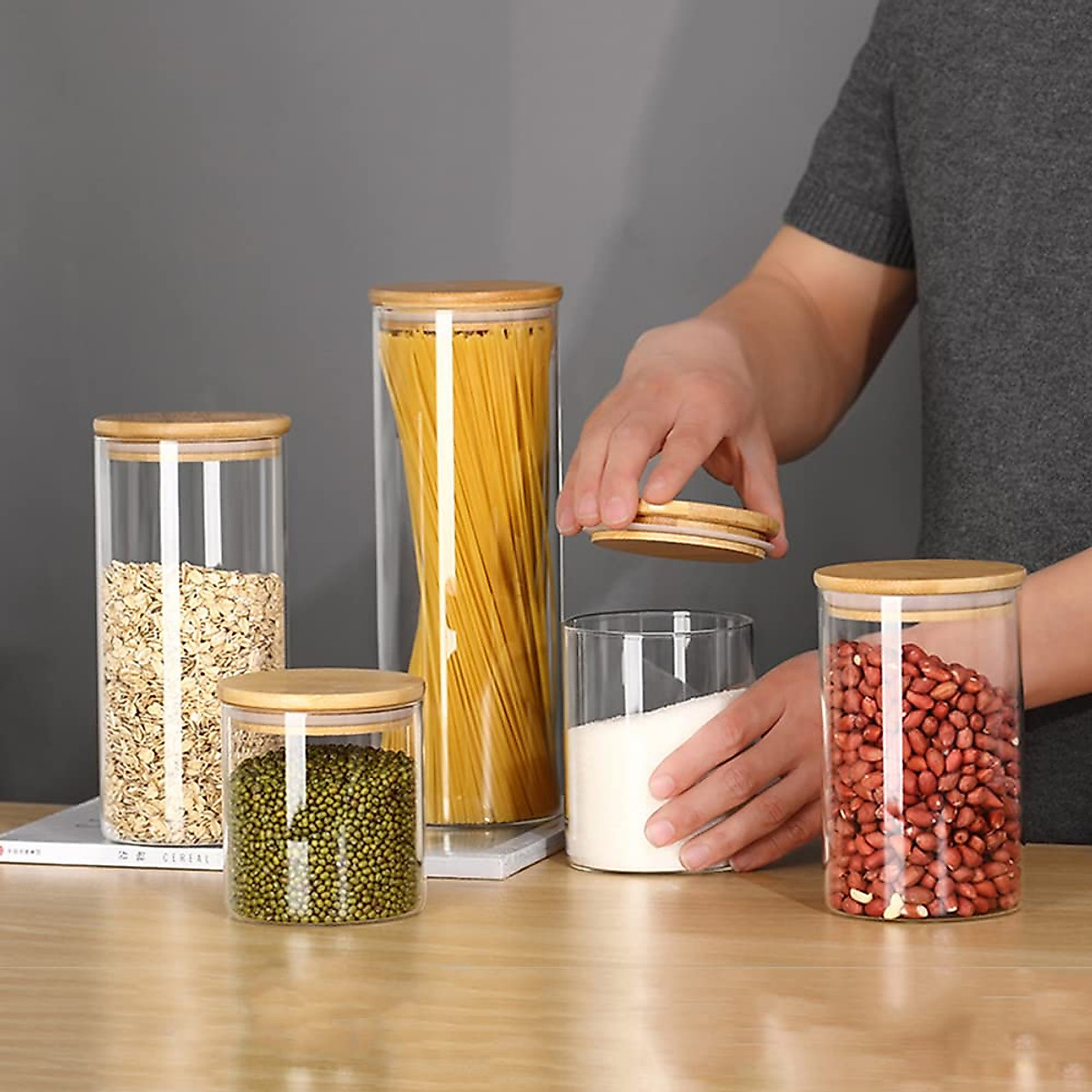 Set of 5 Borosilicate Glass Jars with Bamboo Lids, Glass Food Storage Containers Set, Airtight Sealable Containers for Sugar Candy Cookie Rice and Spice Jars