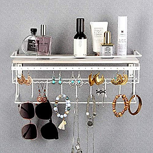 JackCubeDesign Hanging Jewelry Organizer with 9 Hooks, Wall Mount Necklace Earring Bracelet Sunglass Holder with Wood Shelf (White Metal) - MK237D