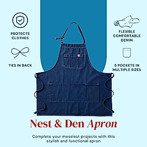 Nest & Den Denim 5 Pocket Apron for Hair Stylists, Artists, Chefs, Gardeners - Unisex for Women and Men - Blue Denim