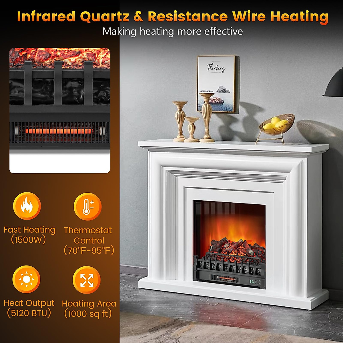 Tangkula 26” Electric Fireplace Log Set Heater with Remote, 5 Flame Modes & Brightness, Thermostat Control, 8H Timer, Realistic Lemonwood Ember Bed, Infrared Quartz Electric Fireplace Insert, 1500W