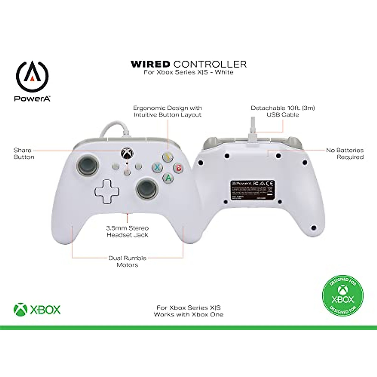 PowerA Wired Controller for Xbox Series X|S - White, gamepad, video game / gaming controller, works with Xbox One