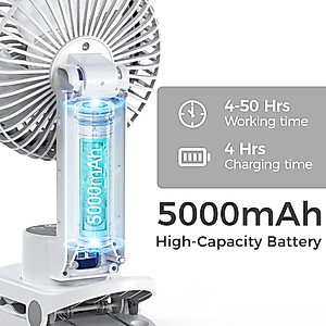 6" Clip On Fan, Rechargeable Battery Operated Fan, 9 Speed Powerful Desktop Fan with Light, Digital Display, Auto Oscillation Table Fan with Sturdy Clamp & Hooks for Home Office Outdoor Camping Travel