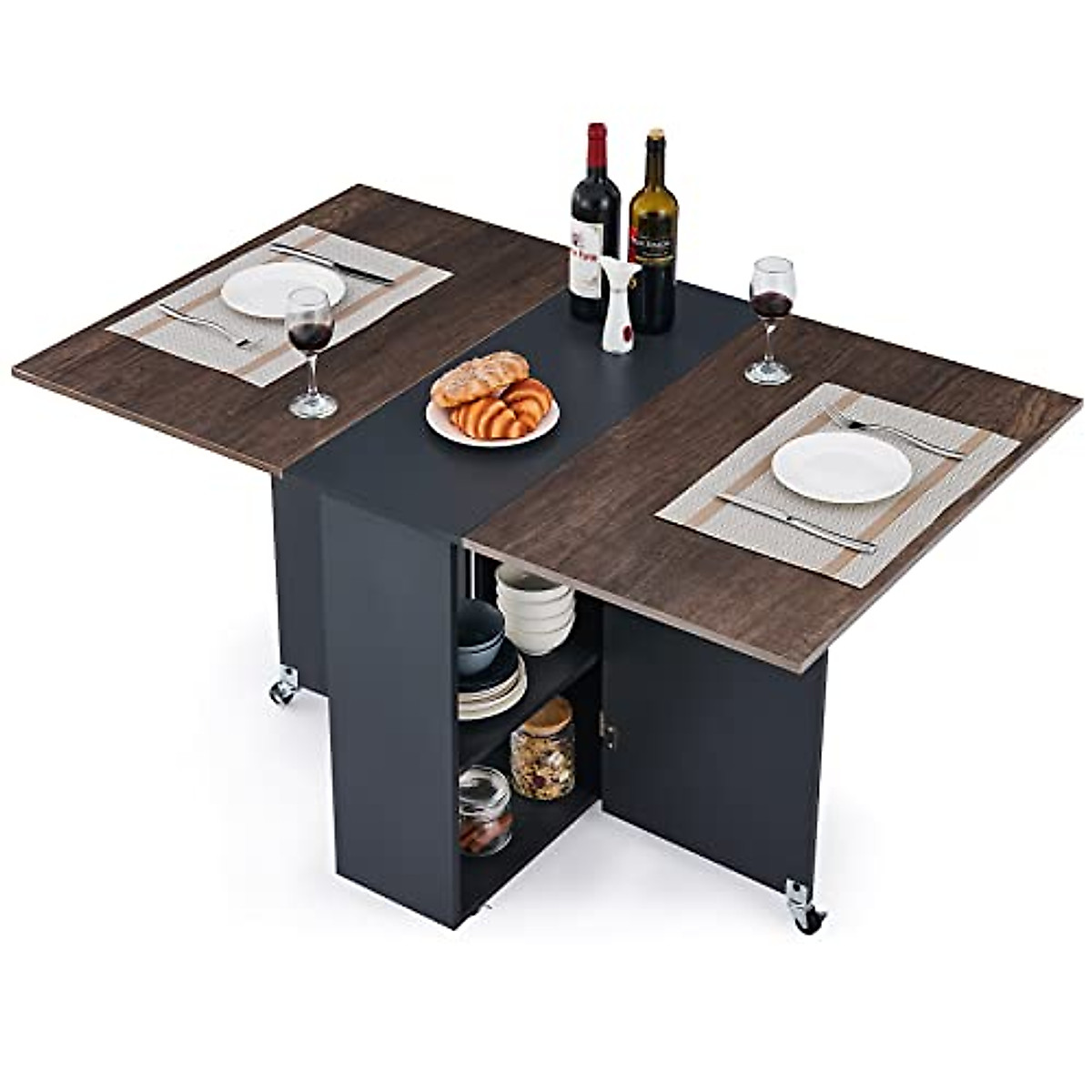 VONLUCE Drop Leaf Dining Table, Modern Folding Dining Table & Expandable Kitchen Table with Storage Shelves & Drawer, Rolling Space Saving Dining Table on 6 Wheels, Gray & Wood Grain Transformer Table