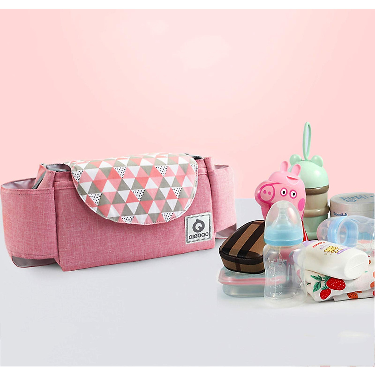 ZIOYCKL Baby Stroller Organizer with Insulated Cup Holders for Smart Moms,Diaper Storage,Secure Straps, Detachable Bag,Compact Design Fit All Strollers Fashionable&beautiful (Pink)