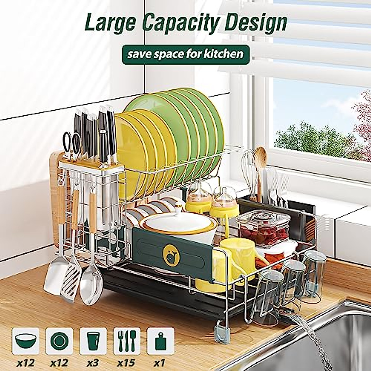 slhsy Dish Drying Rack,2 Tier Dish Racks for Kitchen Counter, Rust-Proof Dish Drainer,Large Dish Drying Rack with Drainboard,Utensil Holder,Knife Block and Drying Mat
