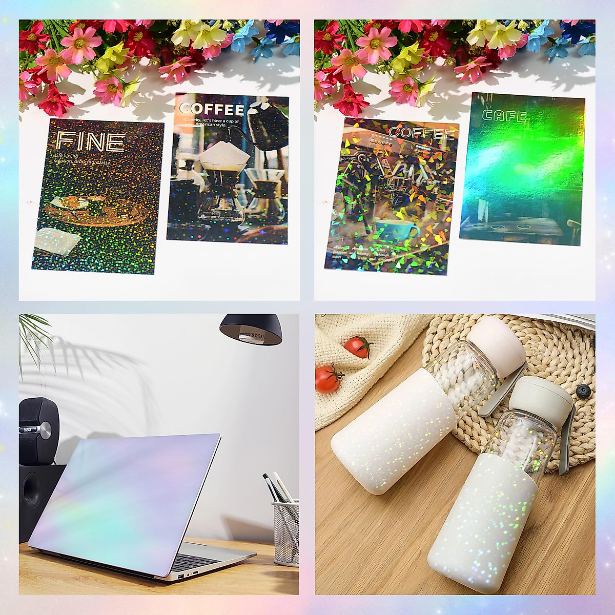 36 Sheets Holographic Sticker Paper, Transparent Holographic Vinyl Laminate Film, Clear Overlay Lamination Sticker Paper Self Adhesive Waterproof - Gem, Dot, Colorful, Star Patterns/8.5x11 inch