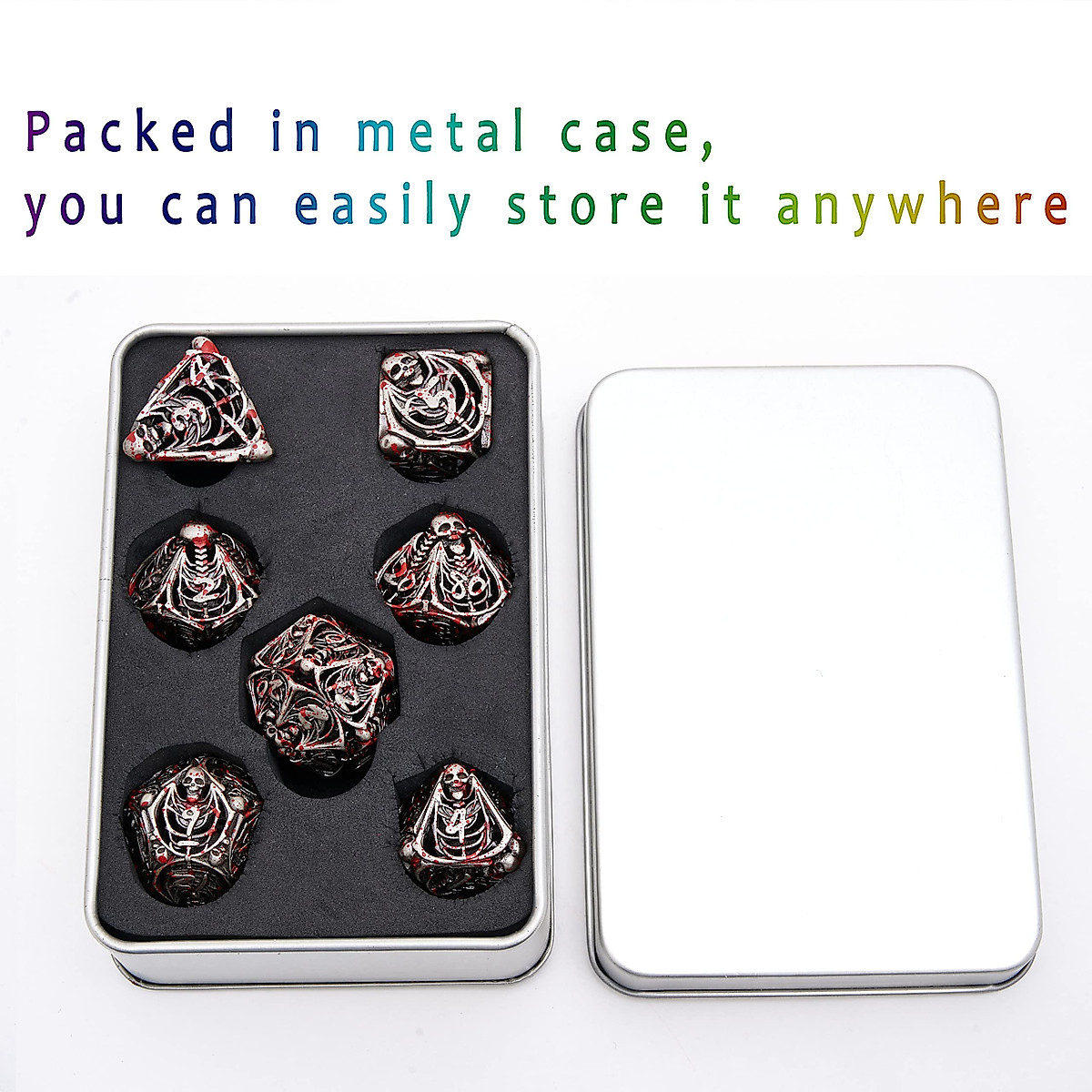 qile DND Hollow Metal dice Skeleton bloodstain 7-Piece Set, Suitable for Dungeon and Dragon RPG Board Games, D &D Pathfinder and Teaching, etc。