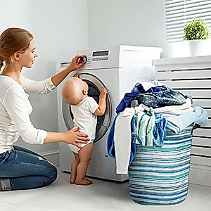 Collapsible Laundry Baskets Ocean Dye Wave Strips Waterproof Laundry Hamper with Handles Teal Blue Round for Dirty Clothes，Kids Toys,Bedroom,Bathroom