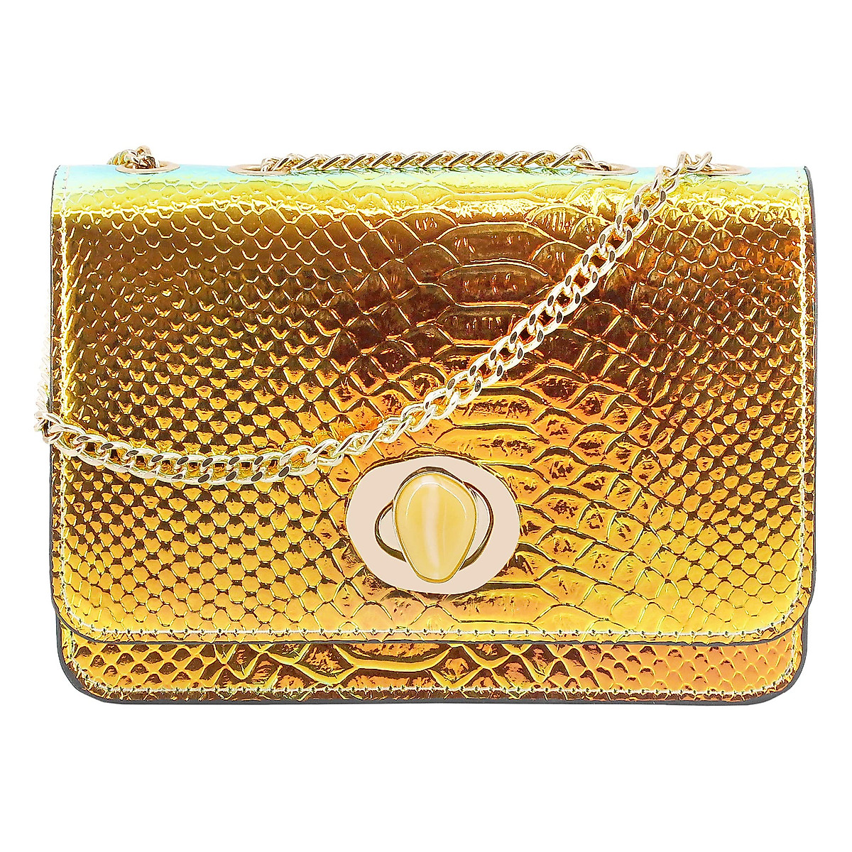 Gabrine Womens Evening Bag Holographic Snake Skin Leather Shoulder Bag Crossbody Bag with Detachable Chain, Yellow