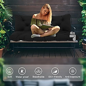 Boaisdus Swing Cushions 3 Seater Replacement Waterproof Porch Swing Cushions with Backrest and 8 Ties Thicken 4" Bench Cushion Replacement Patio Swing Cushion for Outdoor Furniture(Black 60x40in)