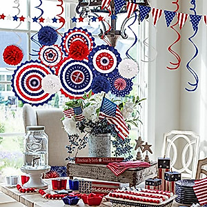 Bunny Chorus 4th of July Decorations Set 32pcs, Red White Blue Independence Day Patriotic Decorations, Large Paper Fans, Pom Poms, USA Flag Pennant Banner, Star Streamer Decor for Memorial Day