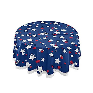 Xigua Patriotic Star Round Tablecloth 60" Waterproof Spillproof Polyester Fabric Table Cover with Zipper Umbrella Hole for Outdoor Patio Garden Dining Party