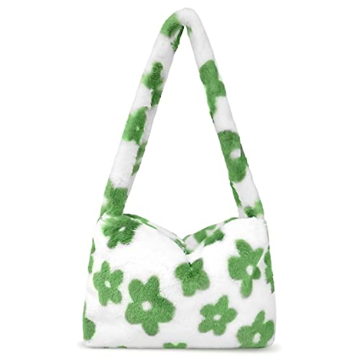 KPX Fuzzy Tote Bag Y2K Fluffy Shoulder Bag Women Furry Purse Large Cute Plush Bag Ladies Faux Fur Bag for Autumn and Winter (Green Flower)