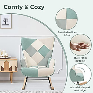 Unovivy Rocking Chair Nursery, Teddy Upholstered Glider Rocker with High Backrest, Stylish Accent Armchair with Padded Seat Indoor, Suitable for Living Room, Bedroom, Office, 35.4" H, Patchwork Green