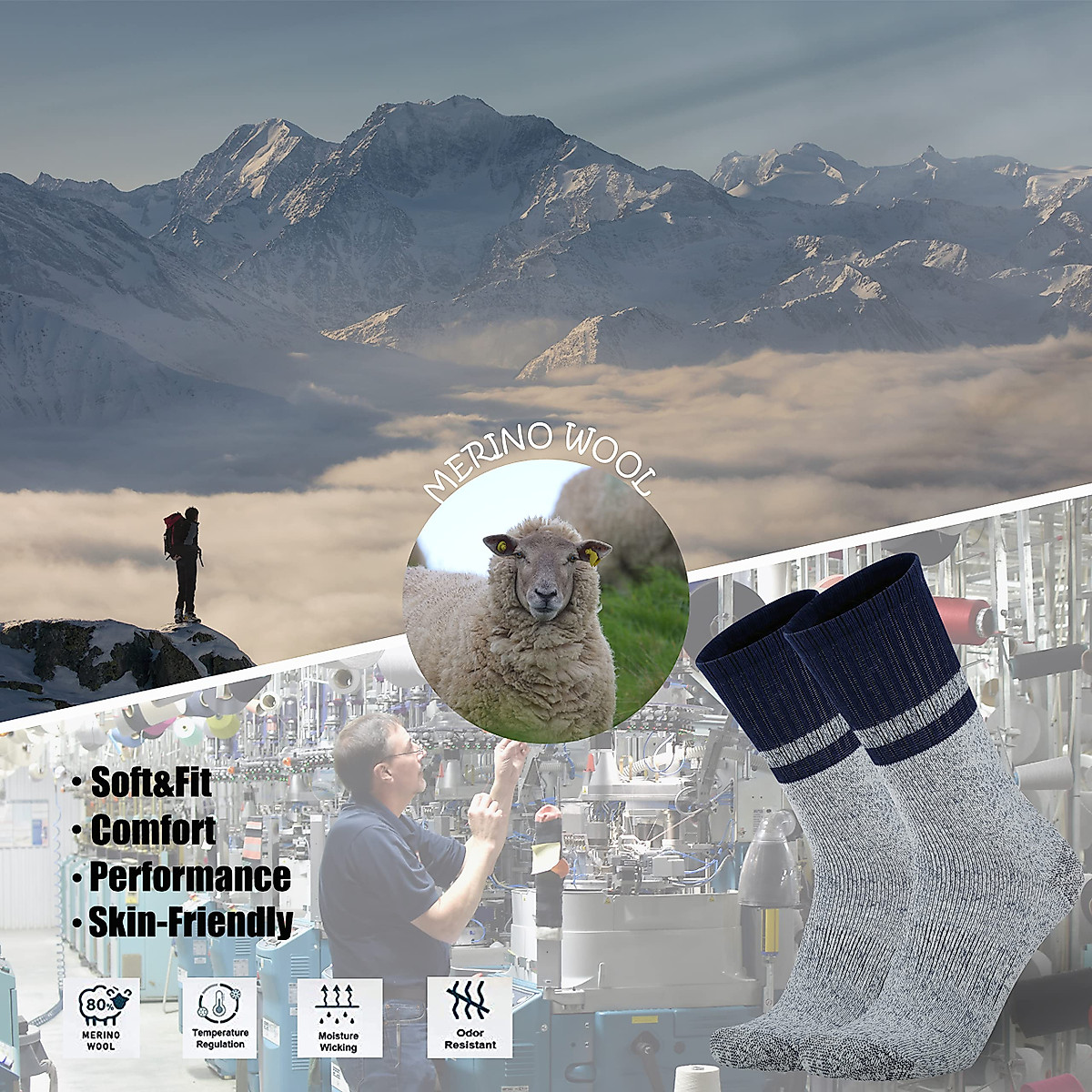 Ortis Merino Wool Cushion Crew Socks for Men Outdoor Hiking Hike Moisture Wicking Heavyweight Thick Warm Steel Toe Work Boots(Navy Blue L)