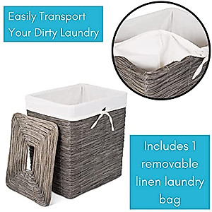 BirdRock Home Rustic Woven Wood Peel Laundry Hamper with Lid - Thin Weave Laundry Basket - Removable Liner - Dirty Clothes Storage Bin - Grey