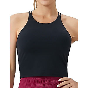 THE GYM PEOPLE Women's Cross Back Sports Bra Halter Neck Workout Crop Tank Tops with Removable Pads Black