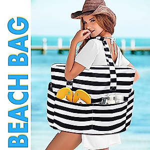 hatisan Beach Bag Waterproof Sandproof for Women Extra Large Beach Tote Bag Pool Bag with Zipper for Gym Grocery Travel with Wet Compartment(Stripe)