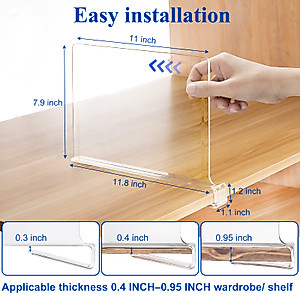 HONSREO Shelf Dividers for Closet Organization, 6 Pack Acrylic Shelf Divider for Clothes Purses, Clear Plastic Separators for Wood Shelves Organizer, Cabinets, Bedroom, Kitchen, Office