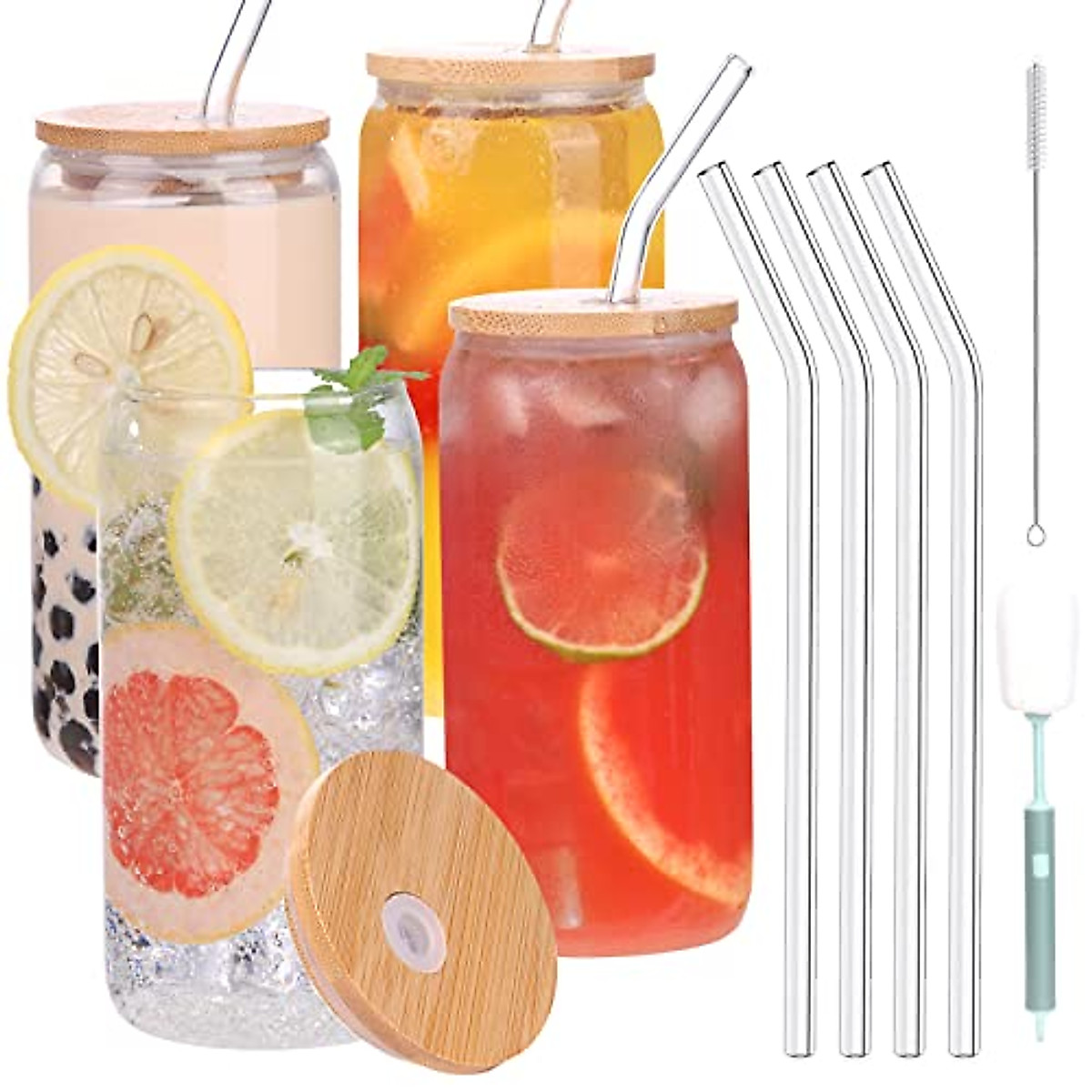 Glass Cups with Bamboo Lids and Straws 4pcs Set,16oz Wide Mouth Drinking Mason Glass Tumbler,Reusable Beer Cans Glasses,Iced Coffee Glass, Juice Boba Cup, Pearl Glass,Milk Cup -wih 2 Brushes