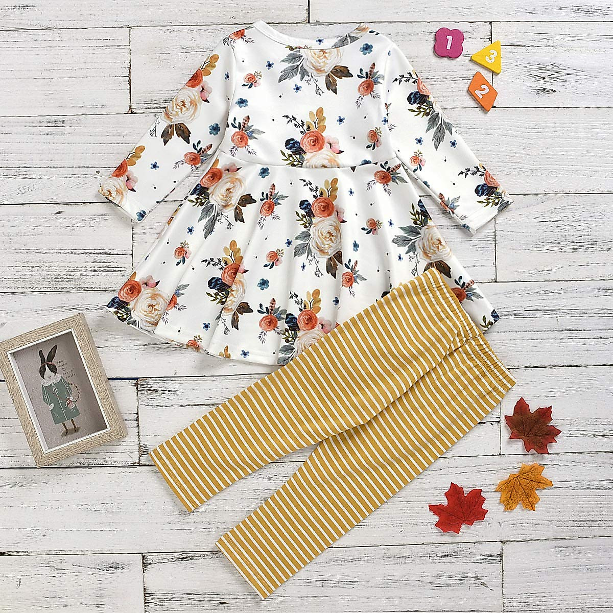 Aimaopao Toddler Baby Girls Fall Winter Clothes Set Little Girls Floral Tunic Tops Pants Outfits Clothing Yellow Floral 4T