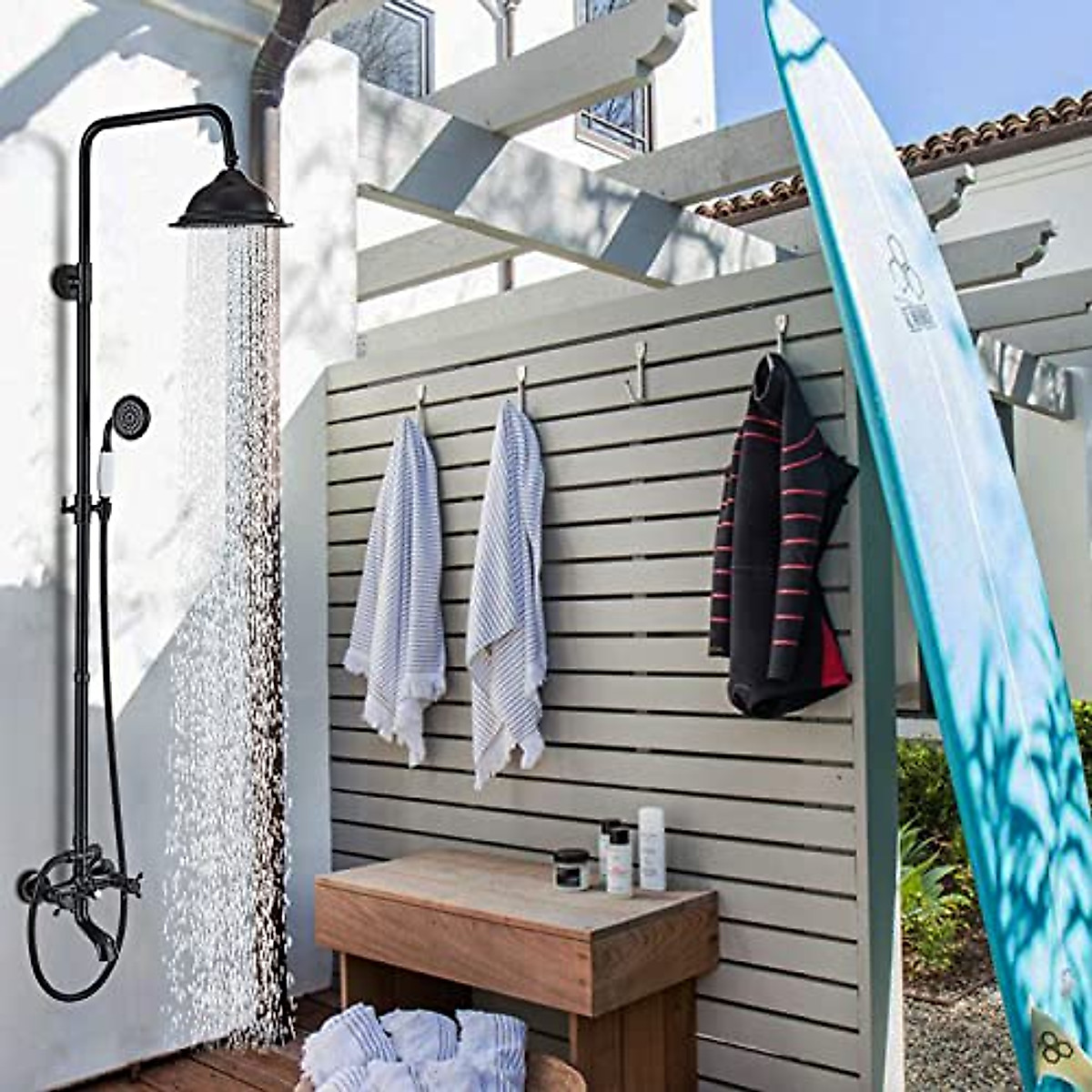 Gmusre Oil Rubbed Bronze Bathroom Shower Faucet Set Outdoor Shower Fixture 8 Inch Rainfall Shower Head Handheld Spray Tub Spout Wall Mounted Mixer Shower System with 12 Inch Extension Tube