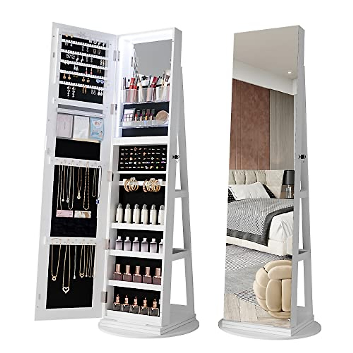 HNEBC LED Light Jewelry Storage Organizer, Armoire with Door Mirror 360° Rotating, Full Length Cabinet, ,Large Jewelry Boxes & Organizers（A White）