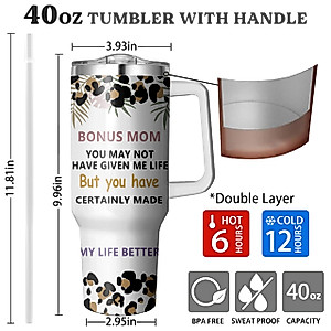 Ksoemar 40 Oz Best Bonus Mom Tumbler with Handle and Straw, Double Wall Stainless Steel Best Bonus Mom Cups, Step Moms Gifts for Ideas for Birthday, Mothers Day For Stepmoms, Mother