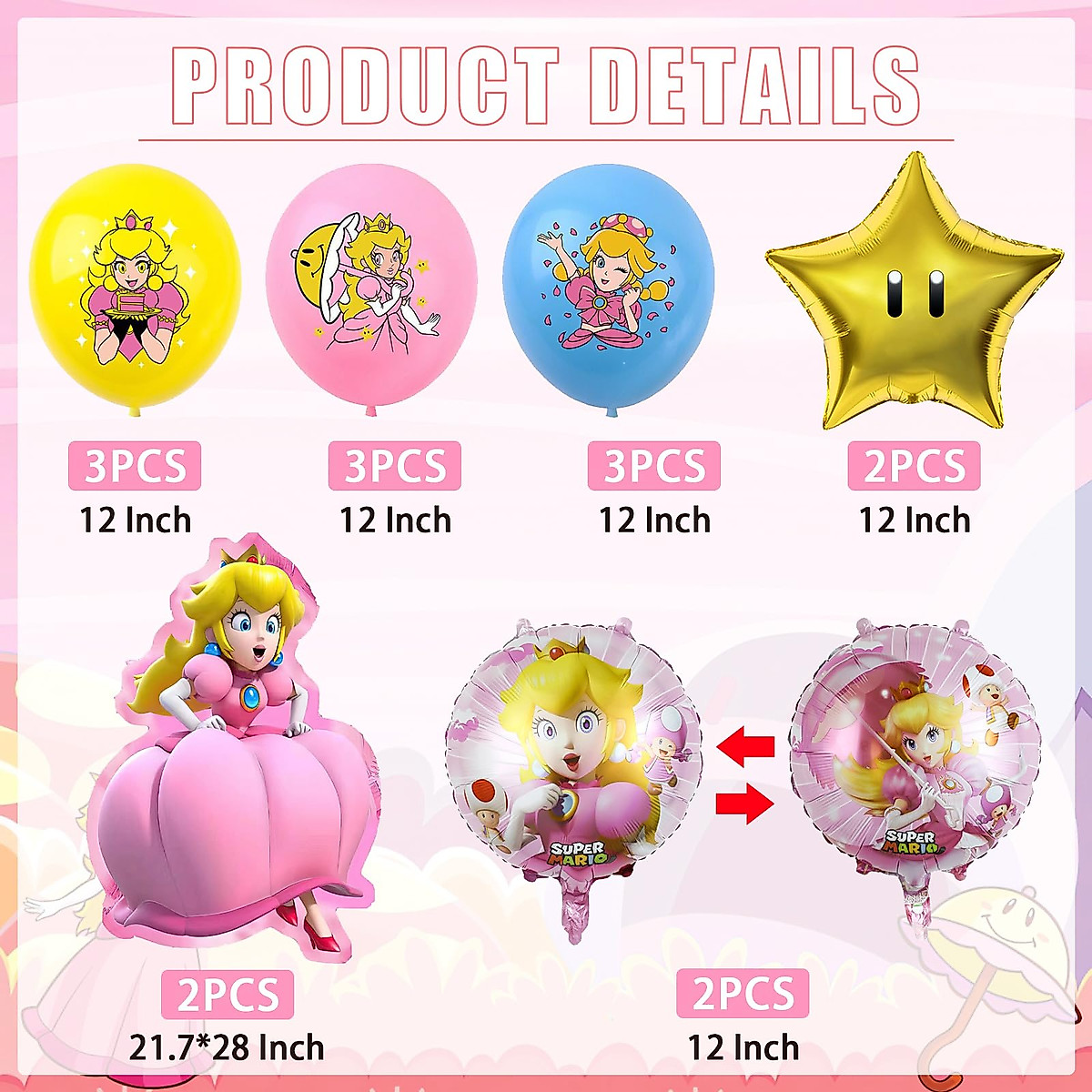 128 PCS Princess Peach Balloons Arch Garland Kit, Princess Peach Theme Party Latex Balloons with Foil Balloons for Girls Birthday Party Decorations