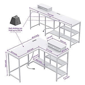 VEELOK L Shaped Desk with Power Outlets, Wood Computer Desk with Monitor Stand and Storage Shelves, Gaming Desk, Office Desk, Study Desk, Corner Desk Work Desk for Home Office, White