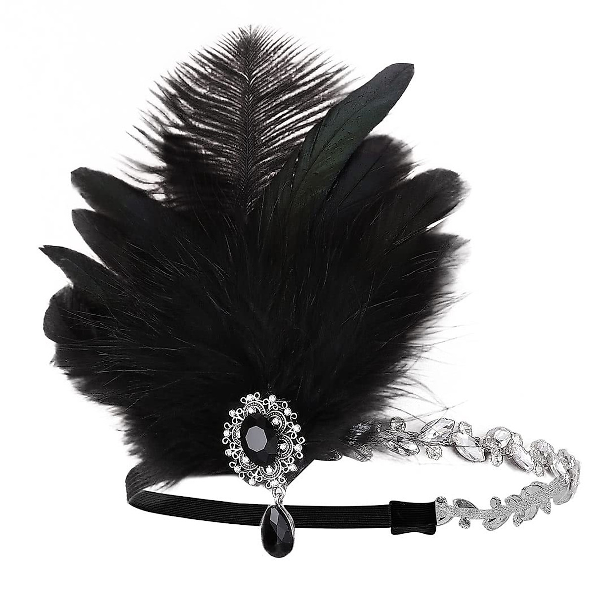 GENBREE 1920s Flapper Headband Black Feather Headpiece Rhinestone Headbands Cocktail Head Accessories for Women(Pattern 3)