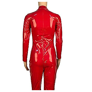 BERMEL Women's Bodysuit Shiny Patent Red PVC Leather Catsuit Full Body Sexy Latex Tight Zipper Jumpsuit Rubber Clothing (M)