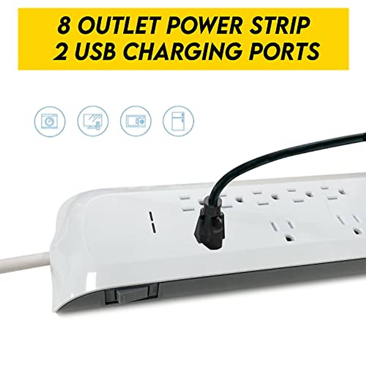 MaxWorks 50390 900 Joule 8 Outlet Power Strip with 2 USB Charging Ports, 8 Foot Power Cord 1875W 15A 125V 60HZ SJT 14/3